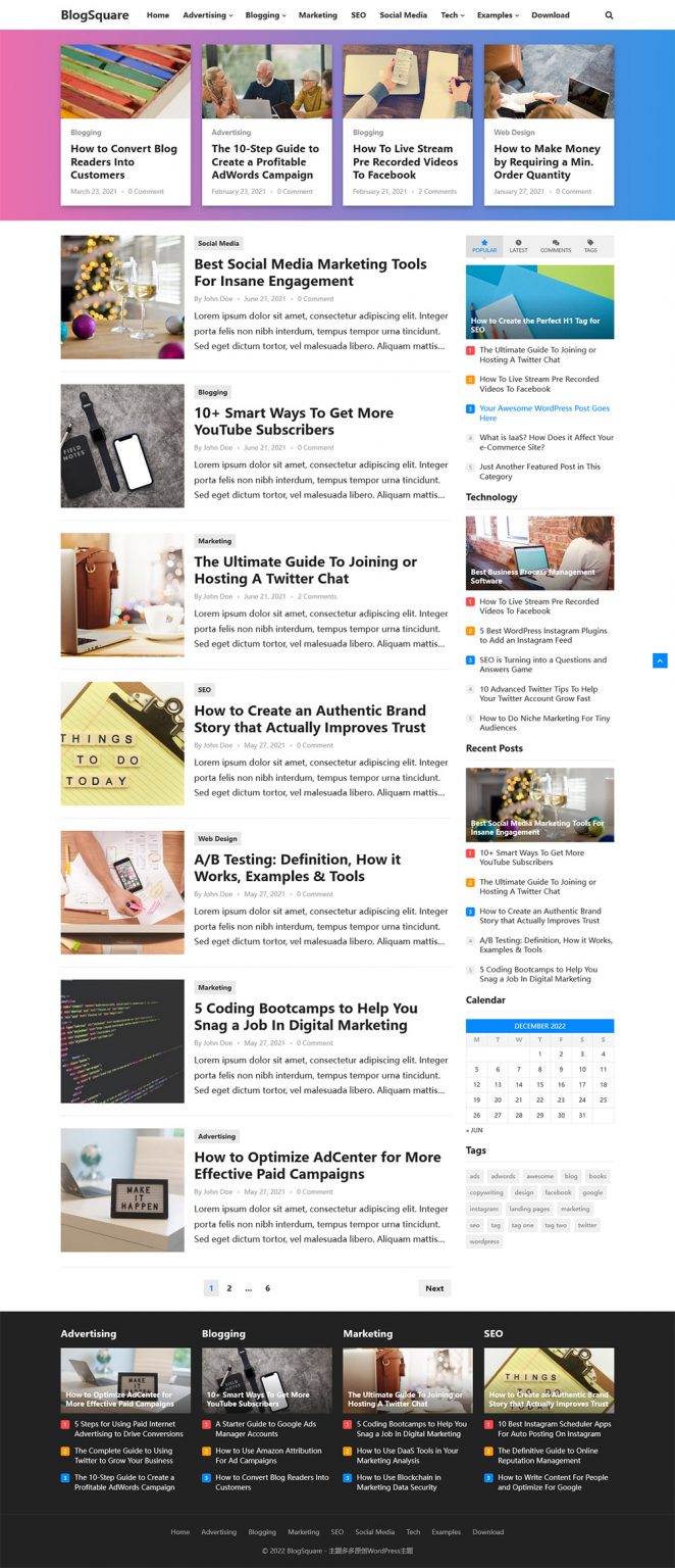 漂亮大气的免费wordpress英文博客自媒体主题BlogSquare_博客吧